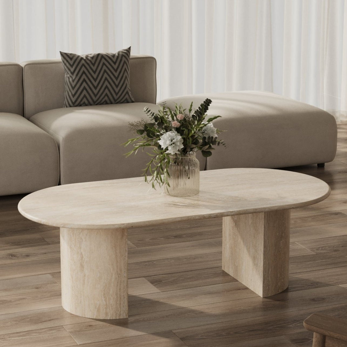Dakota Beige Travertine Coffee Table with Oval Top and Solid Stone Base ...