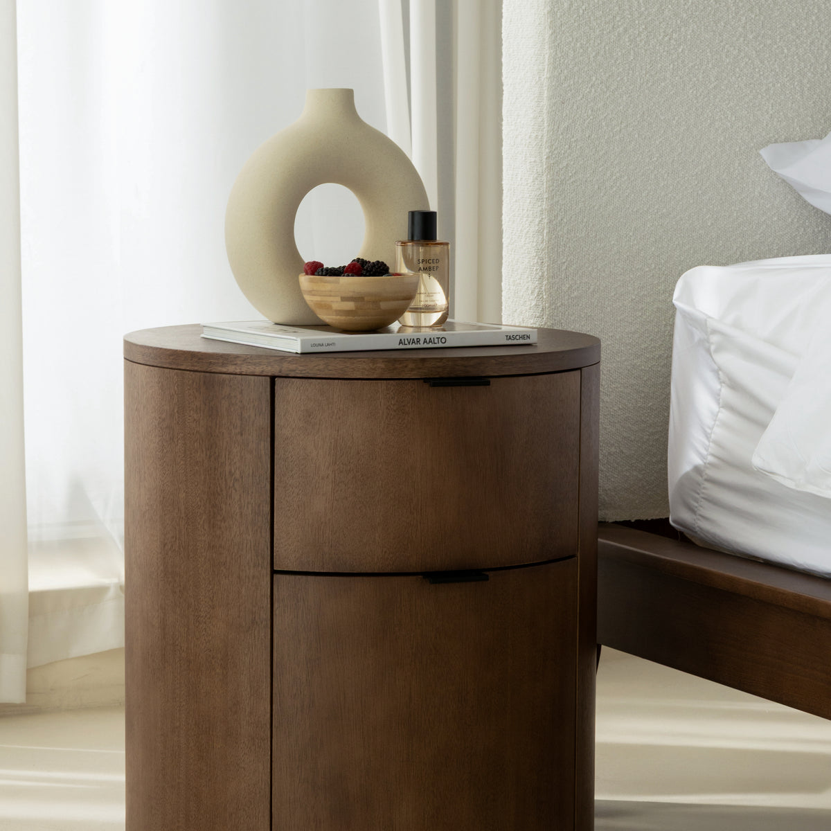 Sinem Dark Brown Round Wooden Nightstand with Shelf for Bedroom Use ...