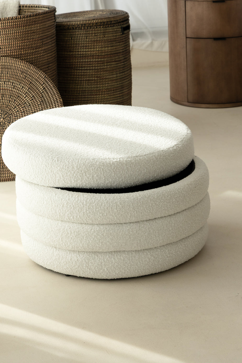 Sevil Layered Boucle Pouf — Contemporary Plush Accent for Modern ...