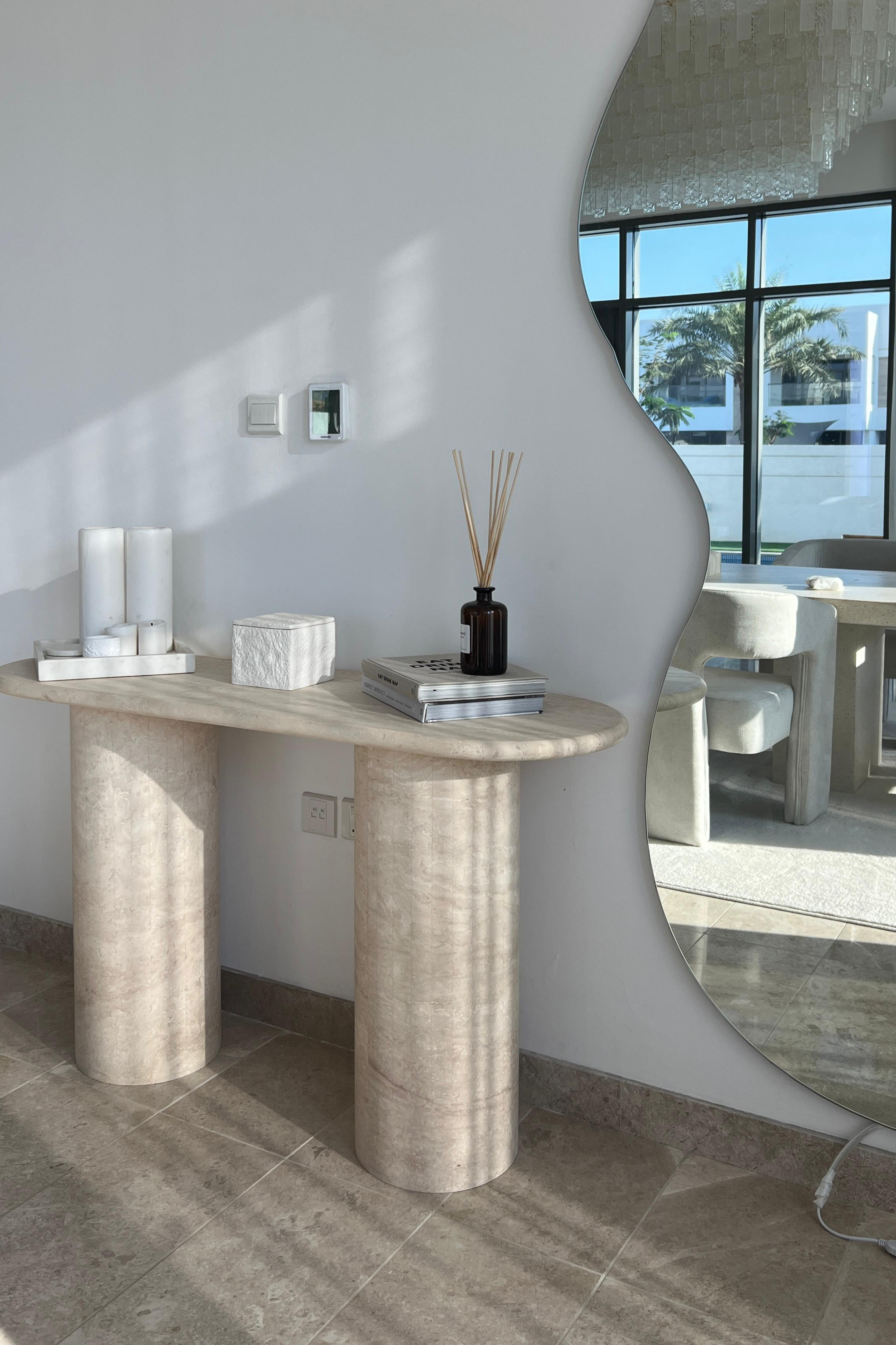 Everose Beige Travertine Oval Top Console Table - Homekode