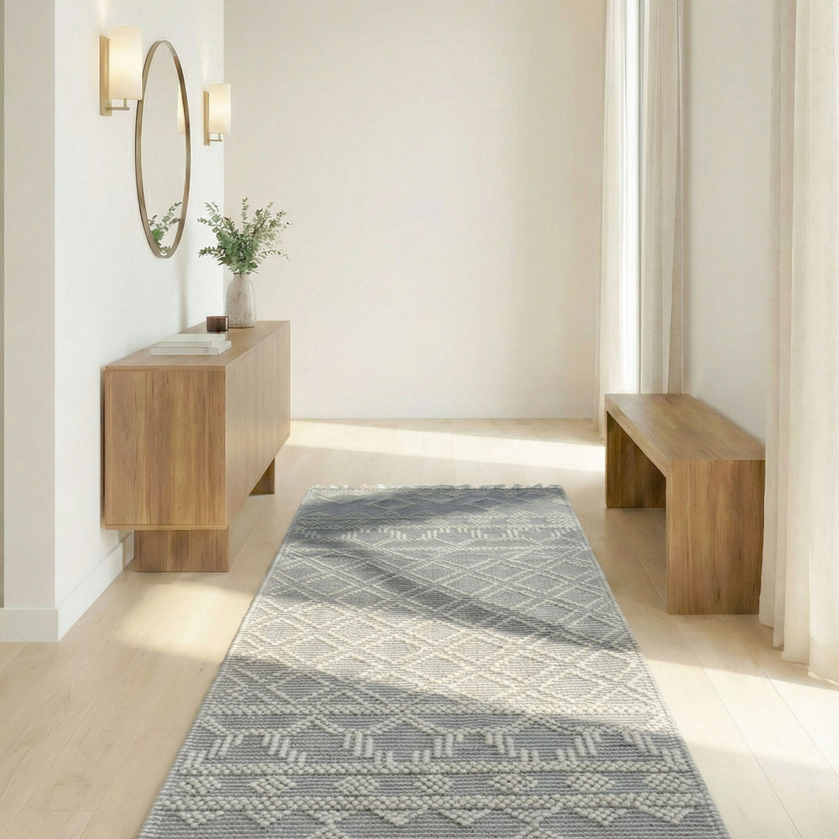 Azure Patterns Natural Blue and White Hallway Rug Textured Runner ...