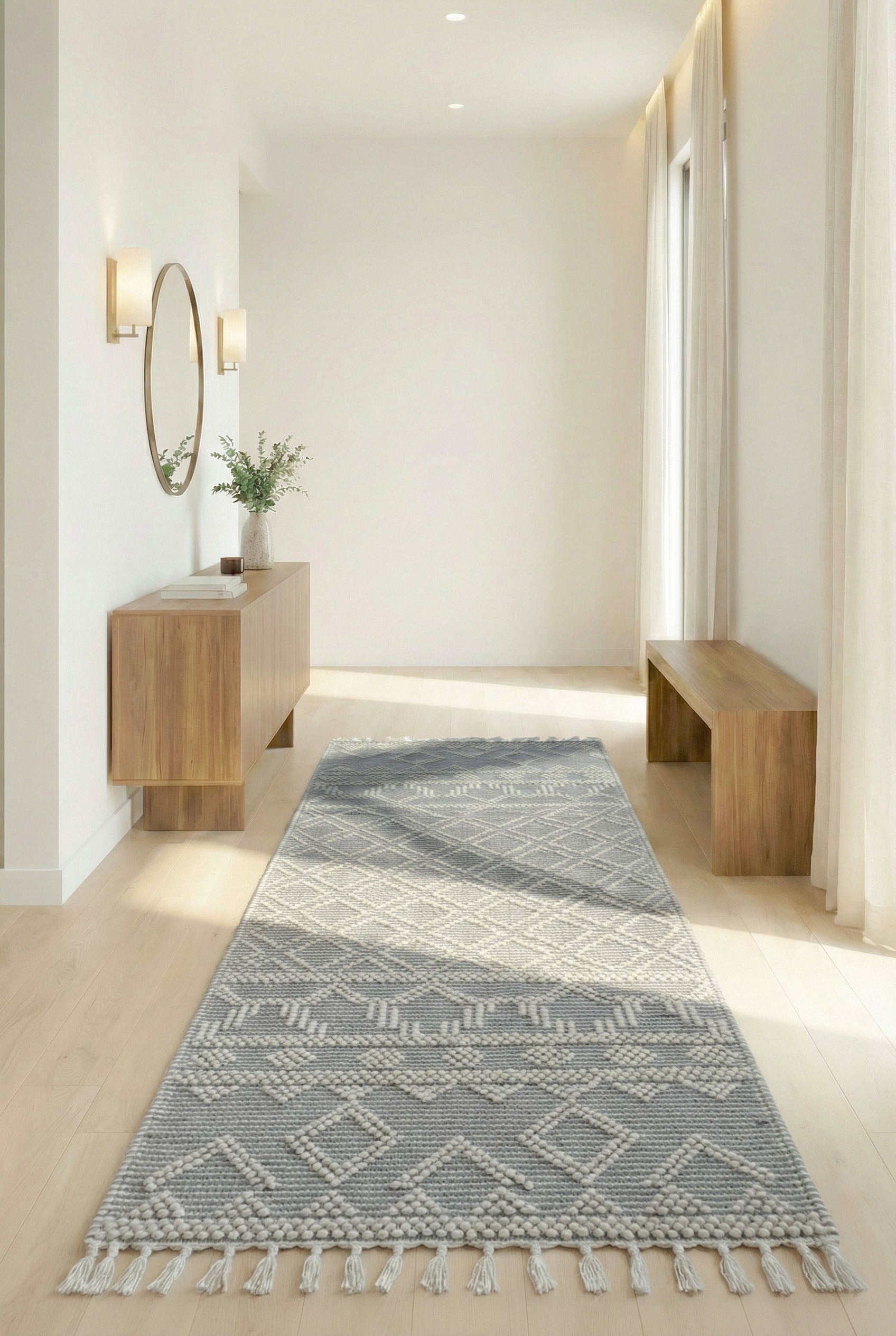 Azure Patterns Natural Blue and White Hallway Rug Textured Runner ...