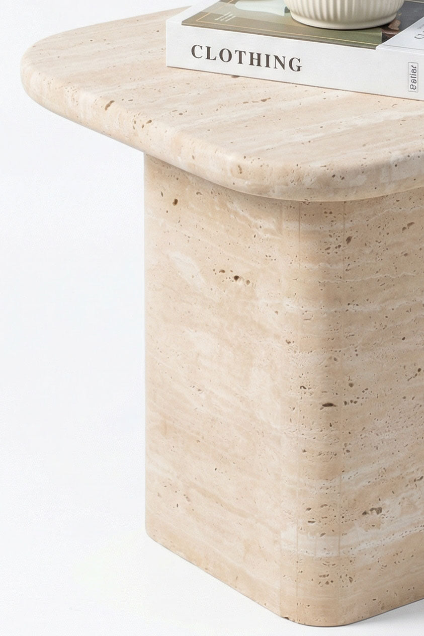 Brynn Square Top with Rounded Corners Travertine Side Table - Homekode