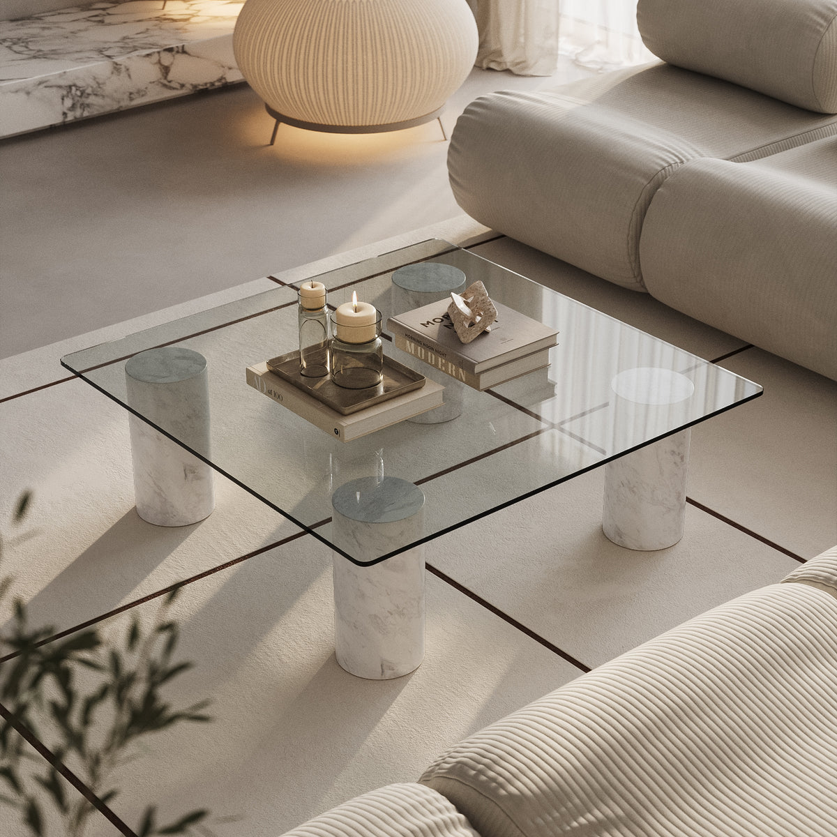 Punto Bianco Venus Square Coffee Table Glass Top Marble Columns – Homekode