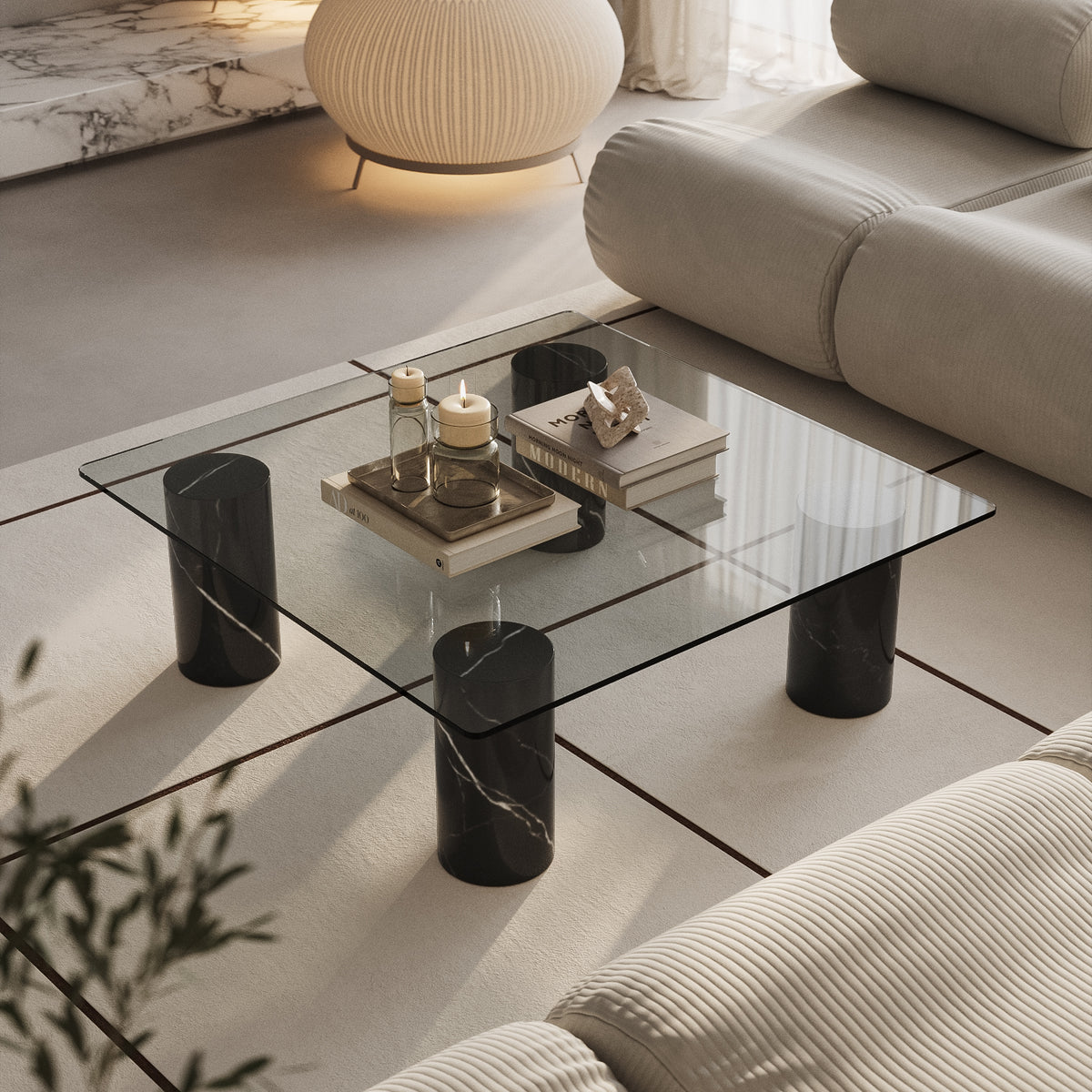 Punto Black Marquina Square Coffee Table Glass Top Marble Base – Homekode