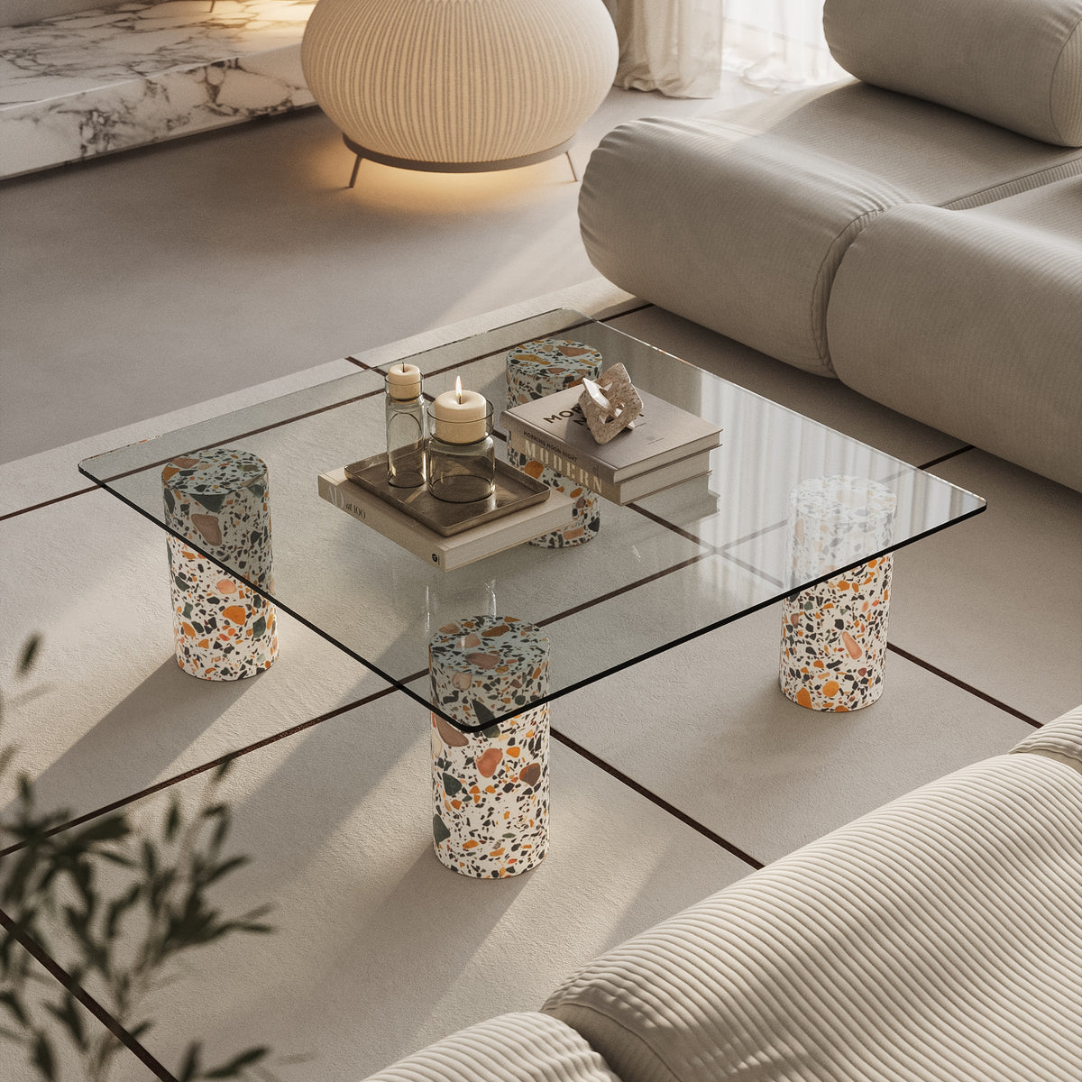 Punto Venetian Terrazzo Square Coffee Table Glass Top Stone Base – Homekode