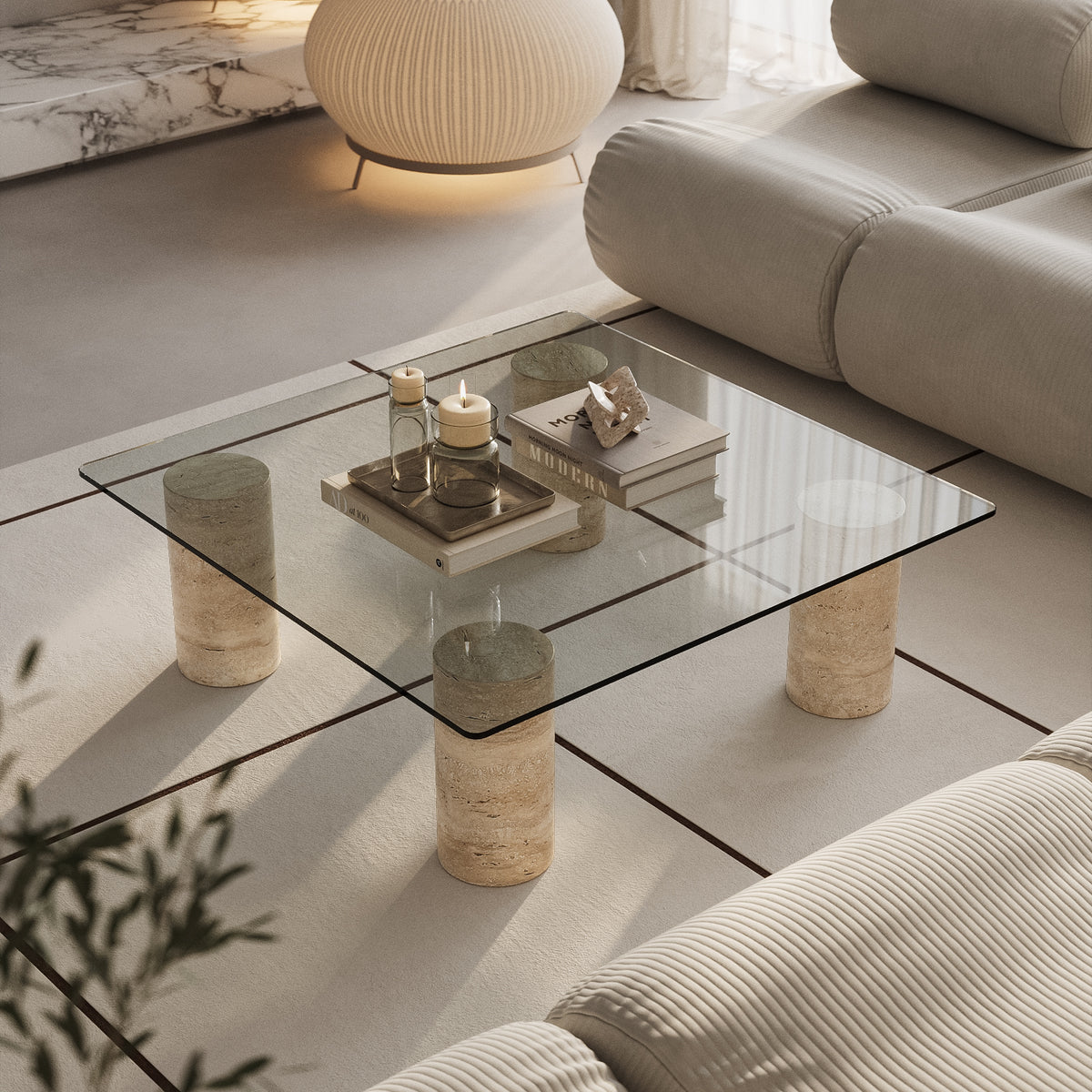 Punto Beige Unfilled Travertine Square Coffee Table Glass Top – Homekode