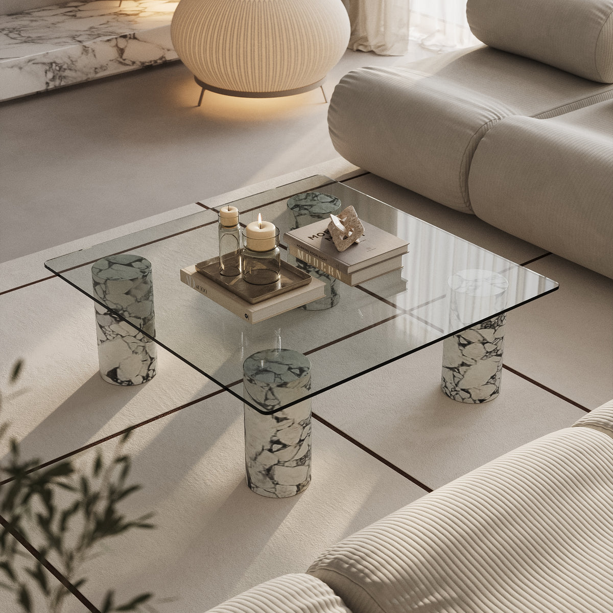 Punto Viola Square Coffee Table with Glass Top Modern Stone Design ...