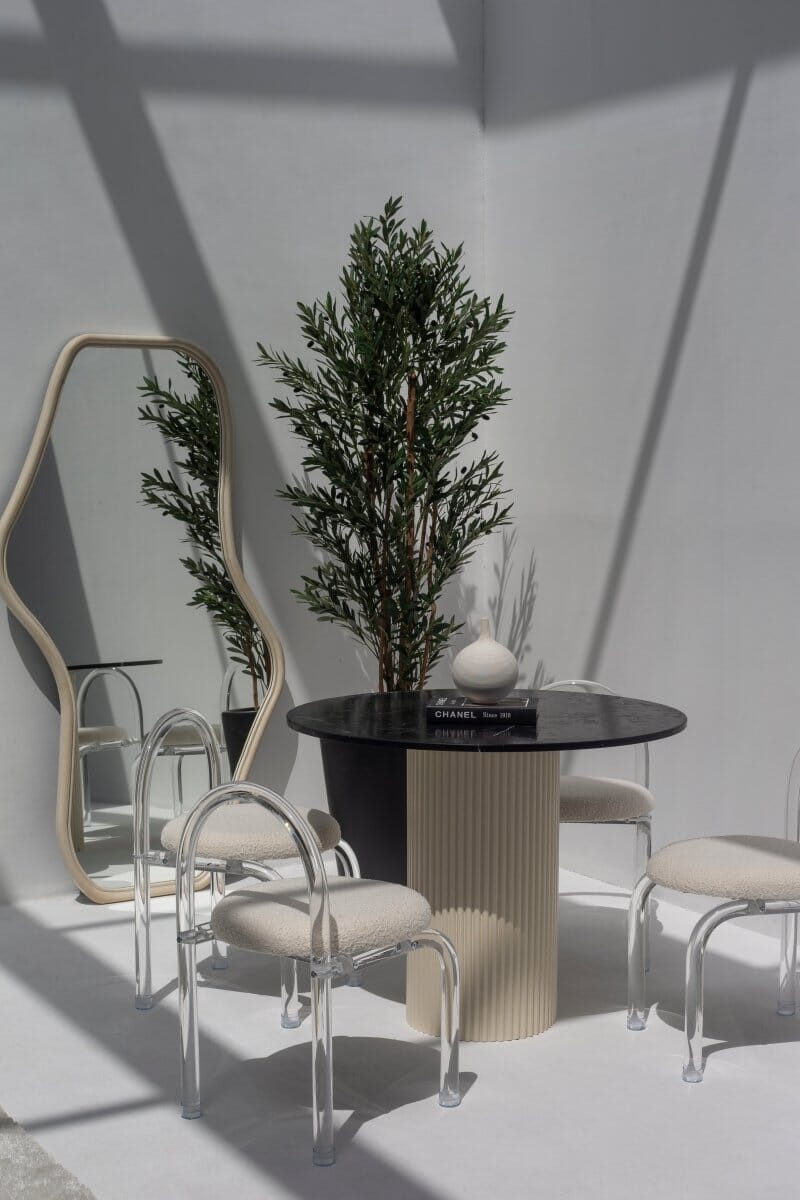 Black Marquina Marble Dining Table with Beige Fluted Base Cornelia Set ...