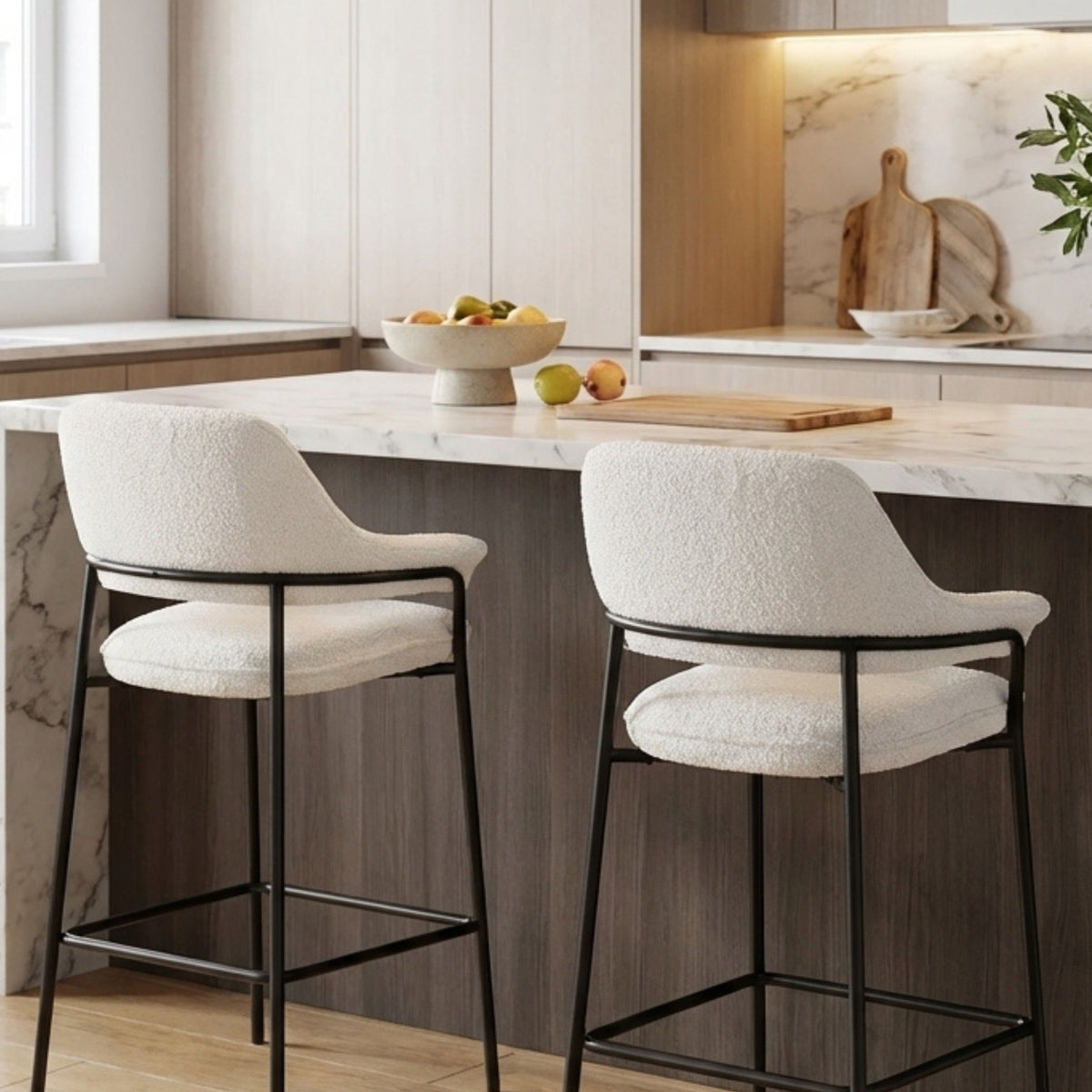 Eudora Boucle Bar Stool | Curved Back Black Metal Frame with Footrest ...