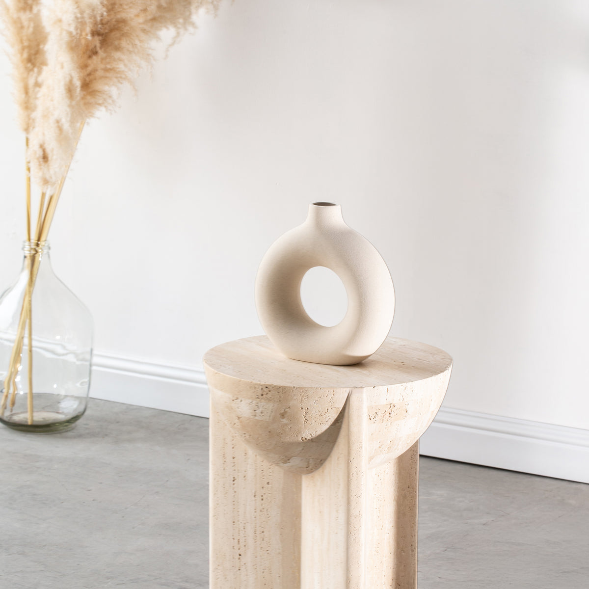 Renata Travertine Pedestal Side Table Natural Beige Stone Accent – Homekode