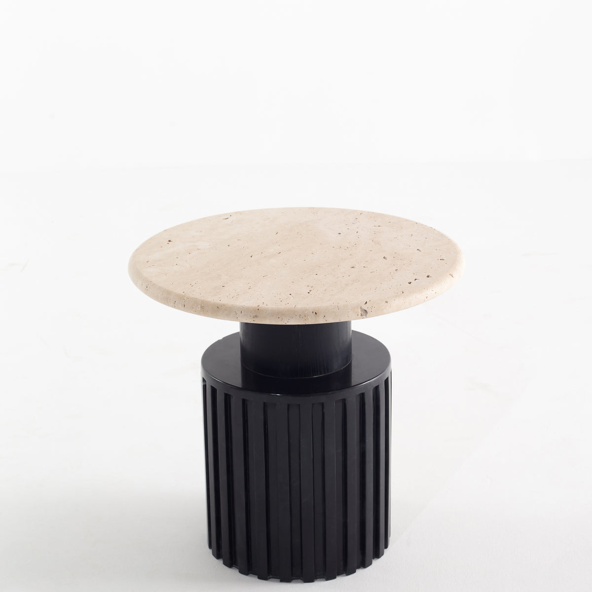 Delora Beige Unfilled Travertine Side Table with Black Pedestal Base ...