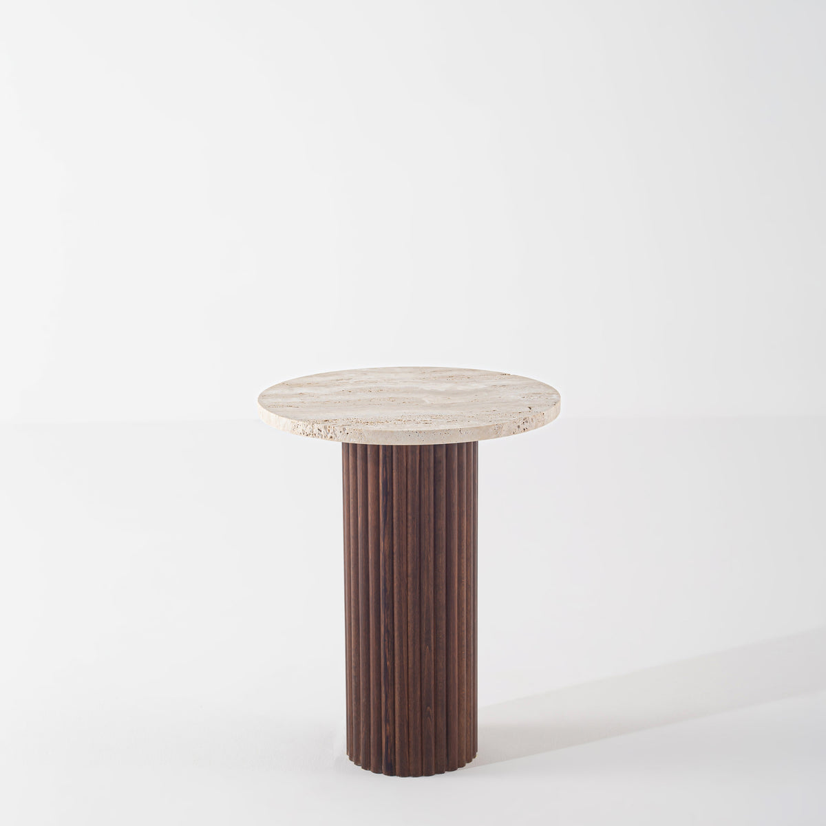 Zarella Beige Unfilled Travertine Side Table with Fluted Wood Base ...
