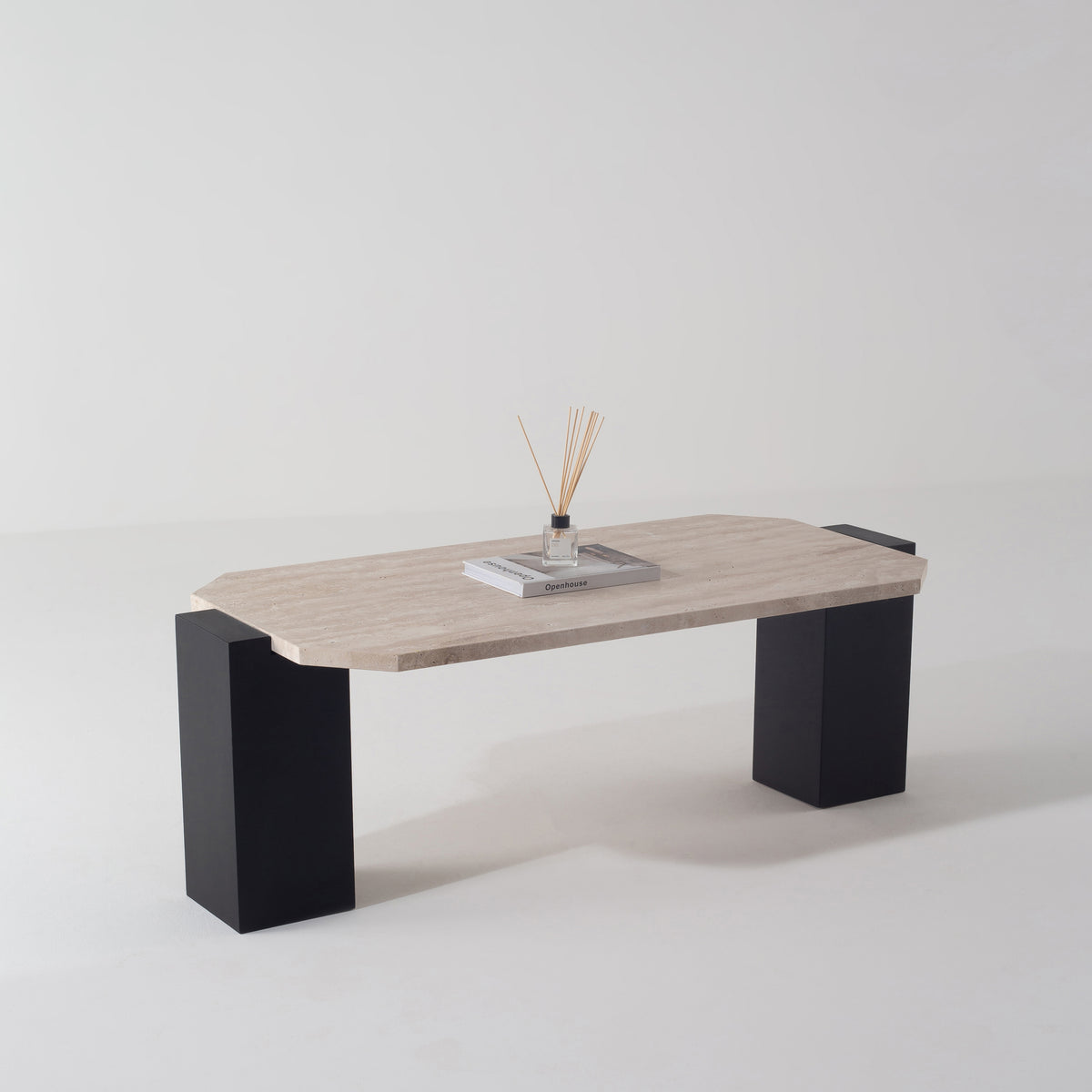 Whitley Travertine Coffee Table Beige Stone with Black Wood Legs – Homekode