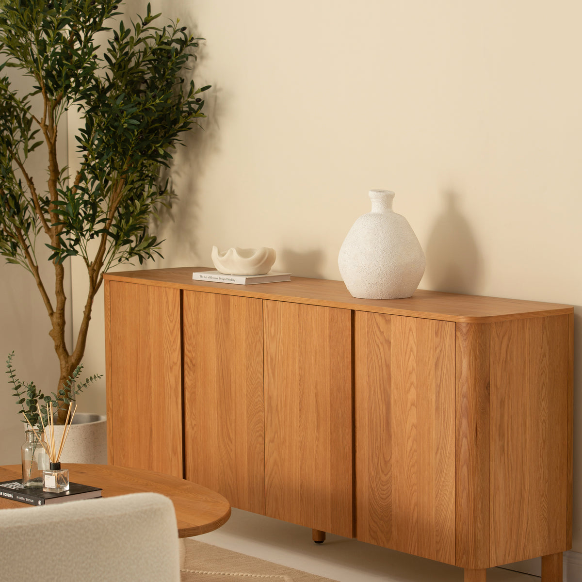 Theo Natural Wood Sideboard with Rounded Edges and Panel Doors – Homekode