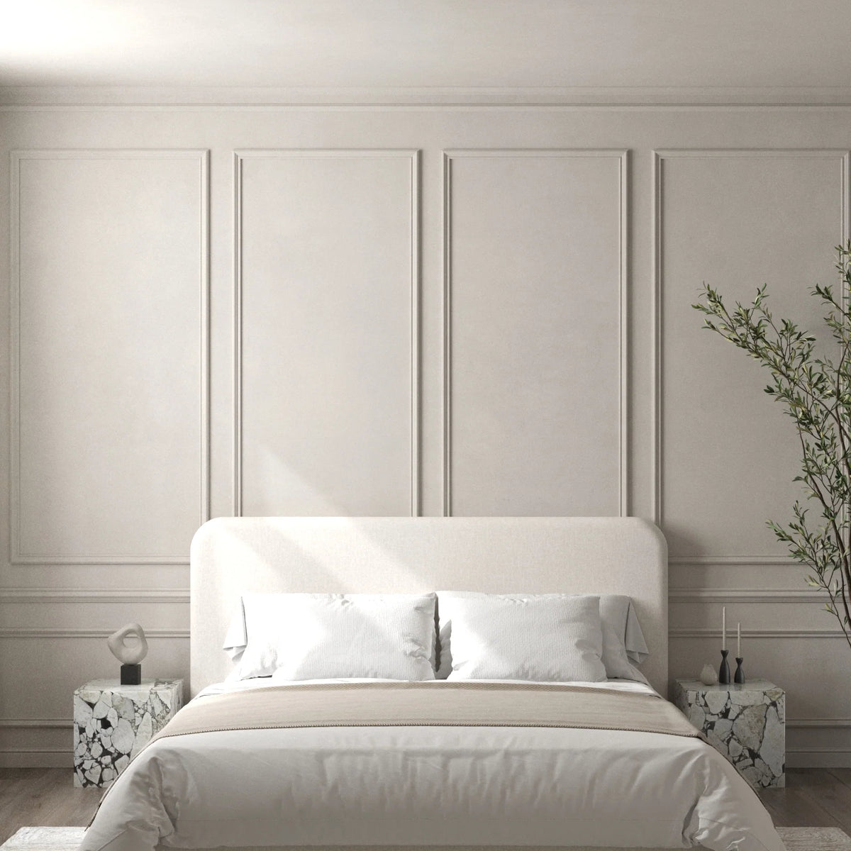 Asli Stone Ivory Fabric Bed with Rounded Corners Headboard for Calm ...