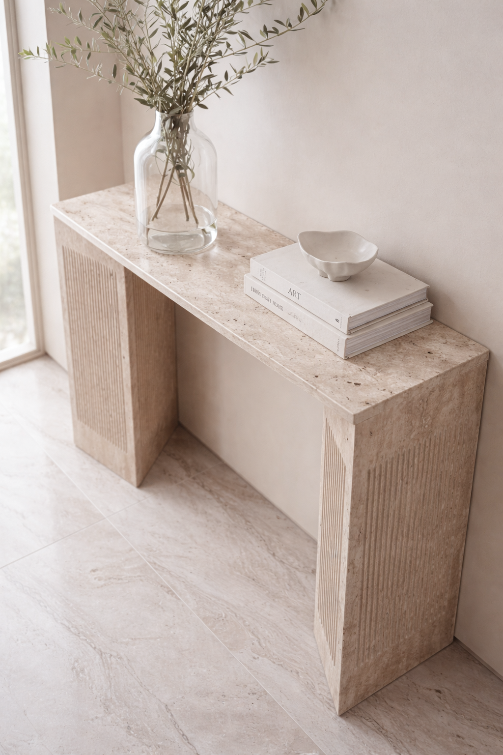 Orta Travertine Console Table with Fluted Detail for Modern Interiors ...