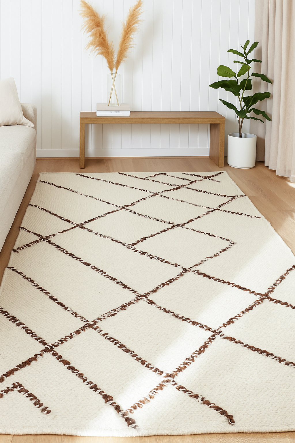 White and Brown Wool Rug with Diamond Pattern | Handwoven Modern Design ...