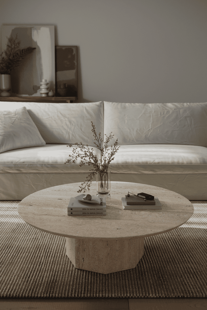 Peyton Travertine Round Coffee Table with Geometric Leg (3 Sizes) - Homekode