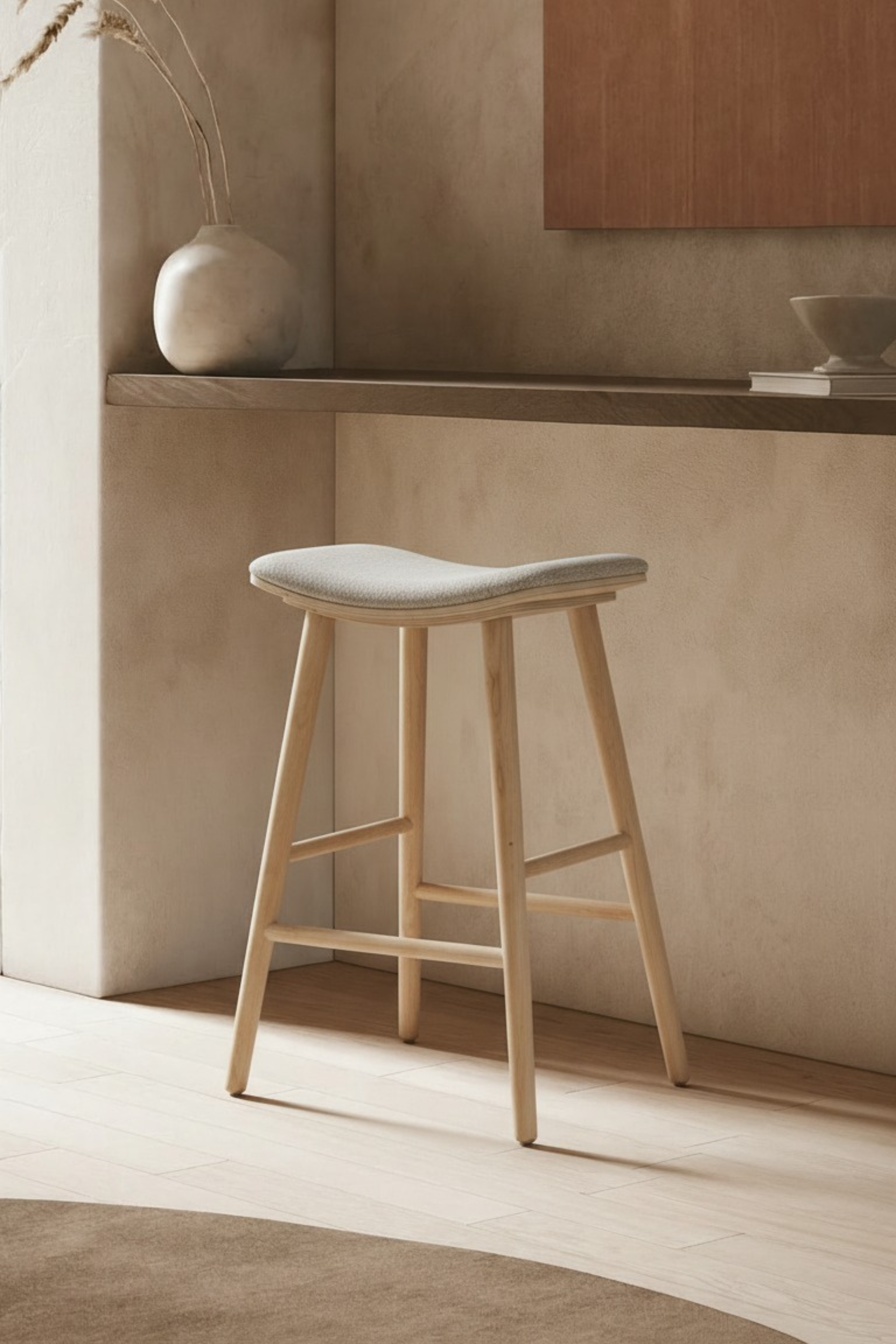 Rivas Rubber Wood Counter Stool – Natural, White Fabric Seat – Homekode