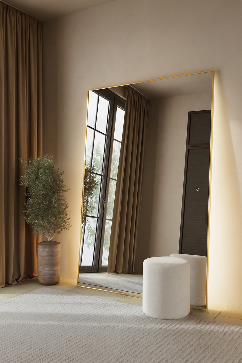 Zara Gold LED Rectangular Mirror with Brushed Frame and Warm Glow Luxe ...