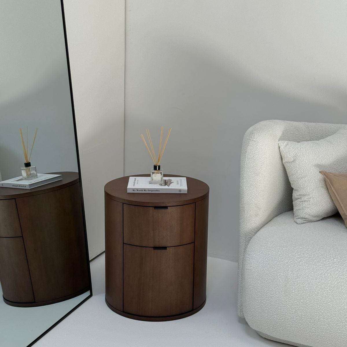 Sinem Dark Brown Round Wooden Nightstand with Shelf for Bedroom Use ...