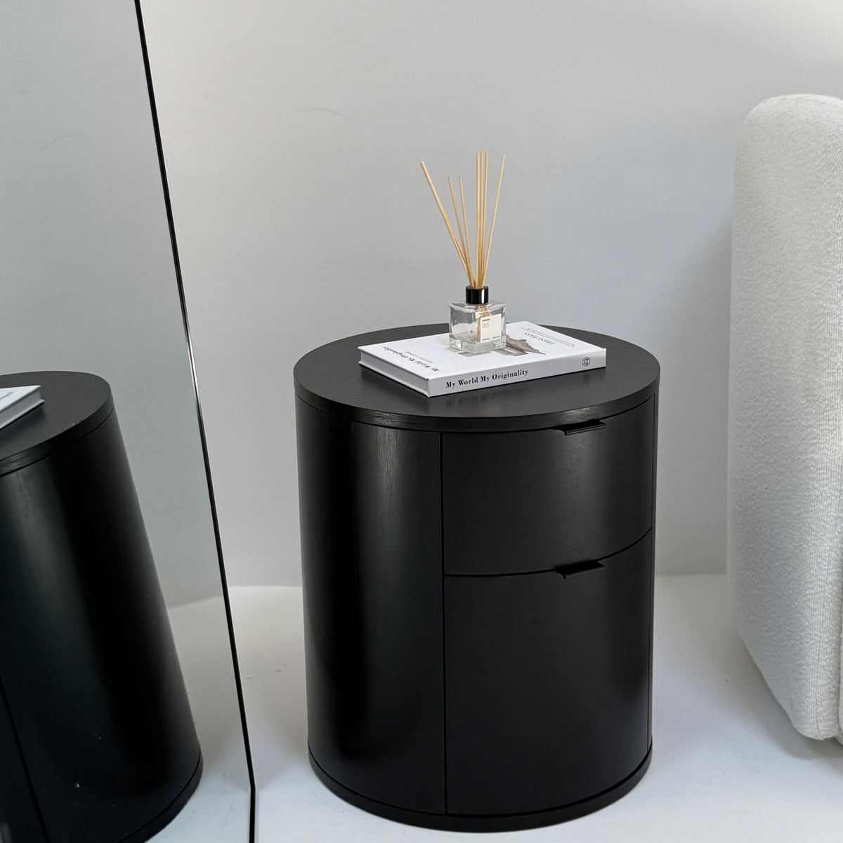 Sinem Black Round Wooden Nightstand – Storage Shelf and Detail – Homekode